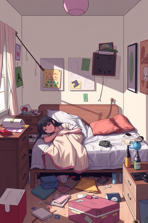 A Cozy Yet Chaotic Bedroom Scene with a Girl Resting on Bed