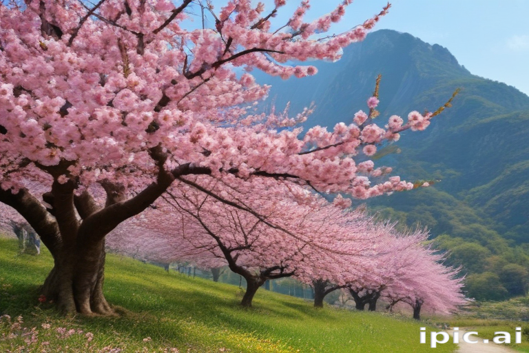Blossoming Cherry Trees Create a Stunning Landscape Against Majestic ...