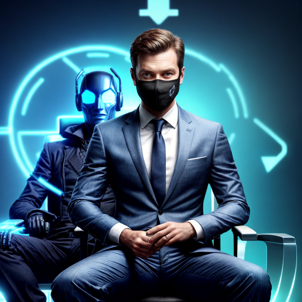 man in suit and hacker mask sitting on a throne