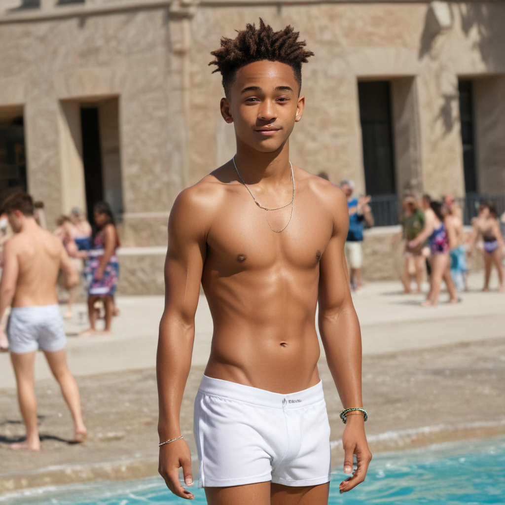 jaden smith at a university in a white speedo