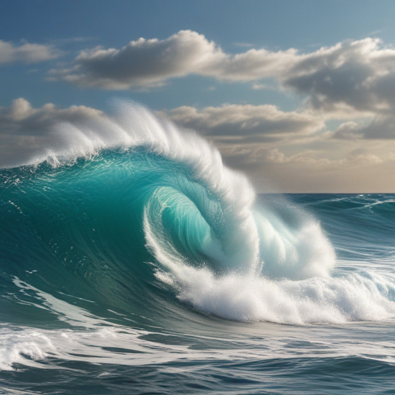 Majestic Ocean Wave Crashing Against the Shore Under a Beautiful Sky