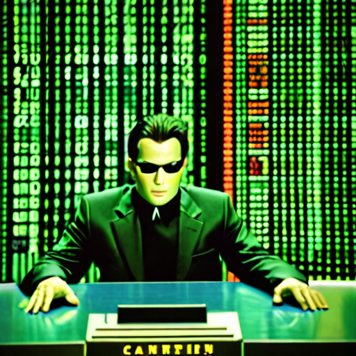 a news desk with a matrix coded man sitting at it as the world wakes ...
