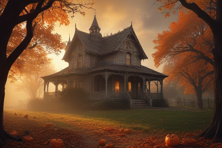 Enchanting Autumn Scene Featuring a Spooky Victorian House Surrounded ...