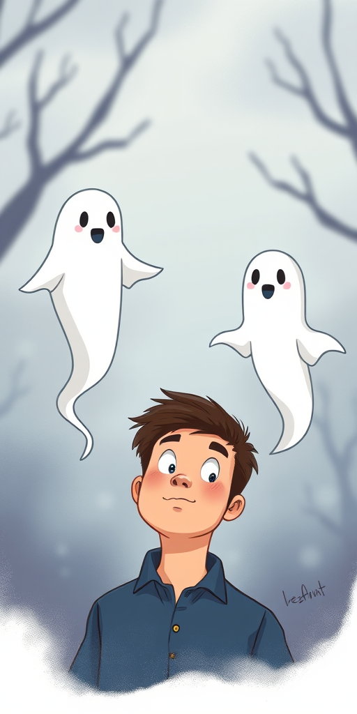 A Curious Boy Encounters Friendly Ghosts in a Spooky Forest Adventure