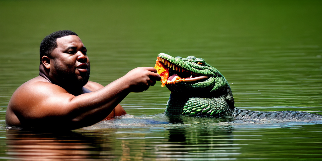 Fat black Man eating a pizza on alligator on pond