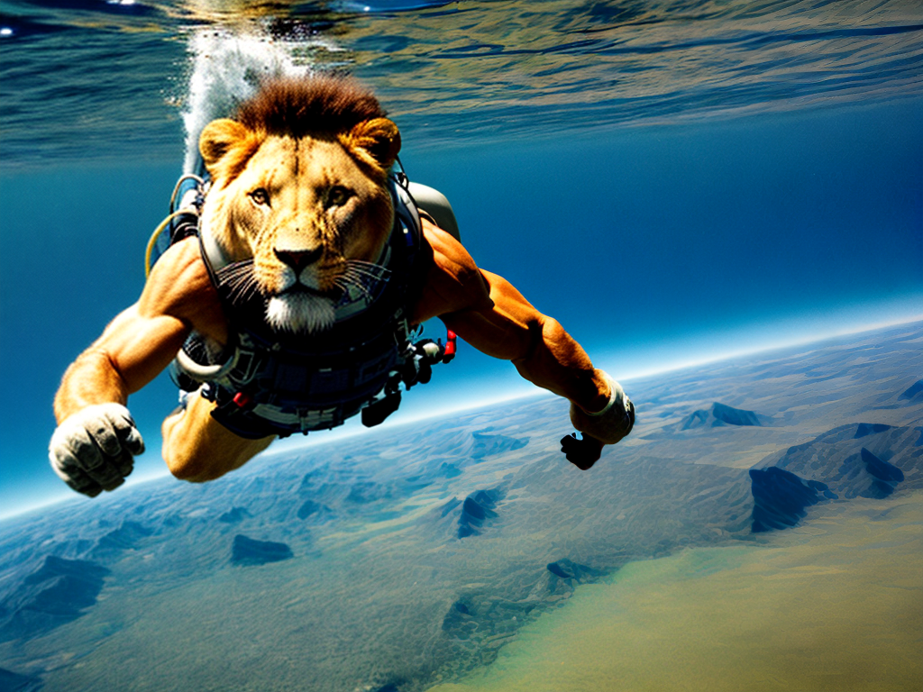 lion astronaut diving closeup