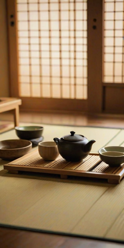 Serene Japanese Tea Set Arranged on a Bamboo Tray in a Tranquil Room