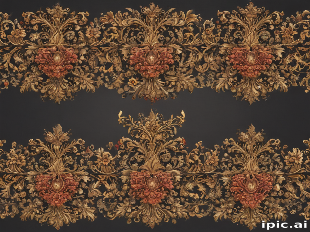 Intricate Floral and Fruit Motif in Rich Gold and Deep Red