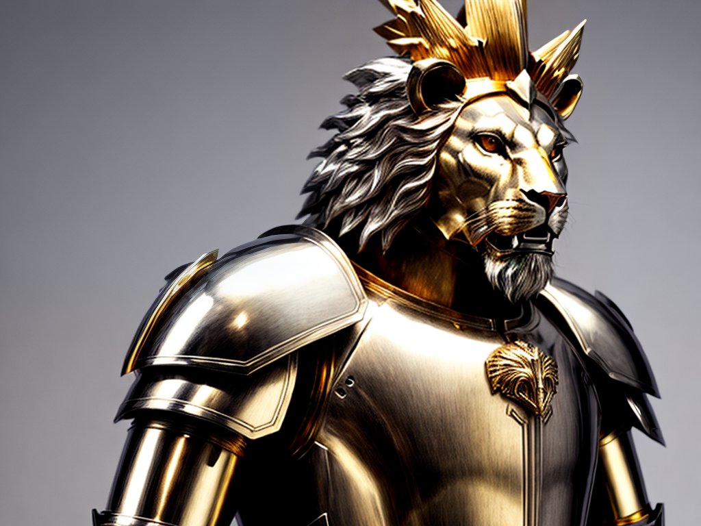 lion with a crown stunning armor in gold and silver