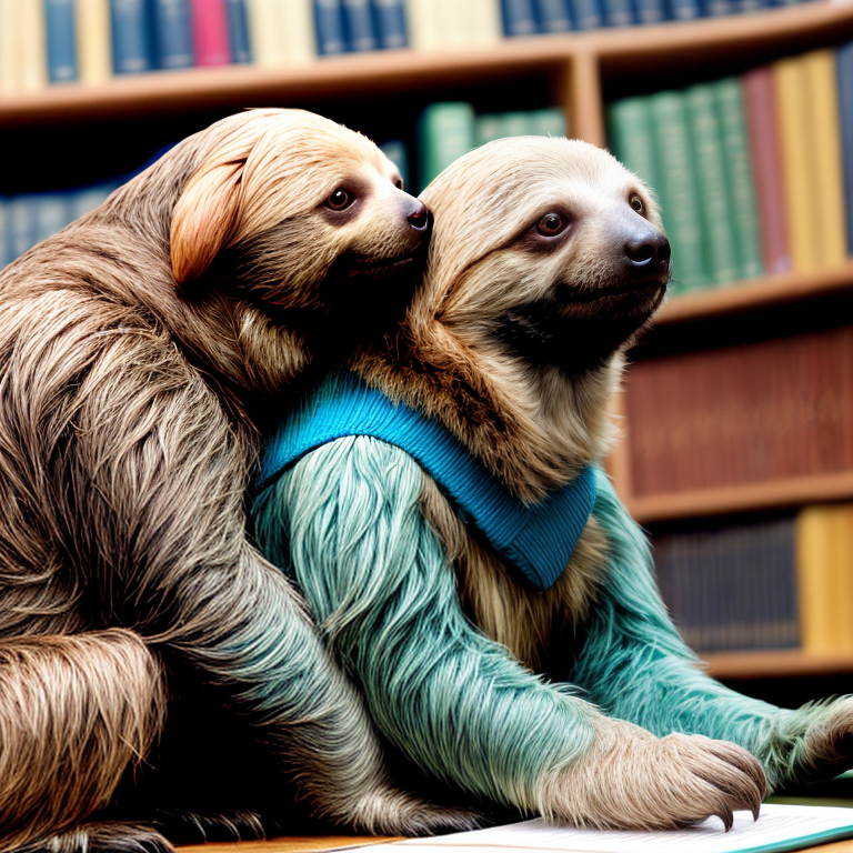 A sloth and a golden retriever studying together in a library