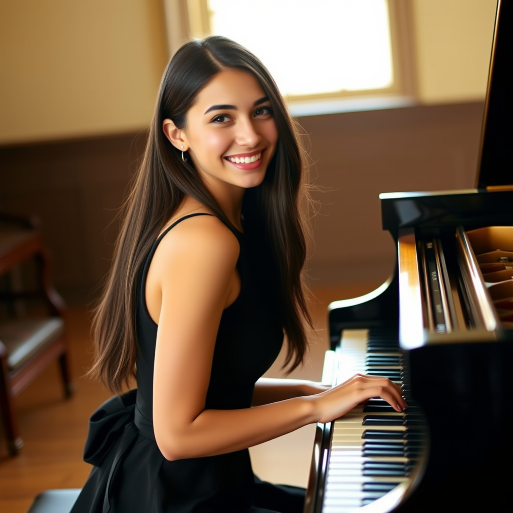 Joyful Young Woman Playing Piano in a Bright, Elegant Room