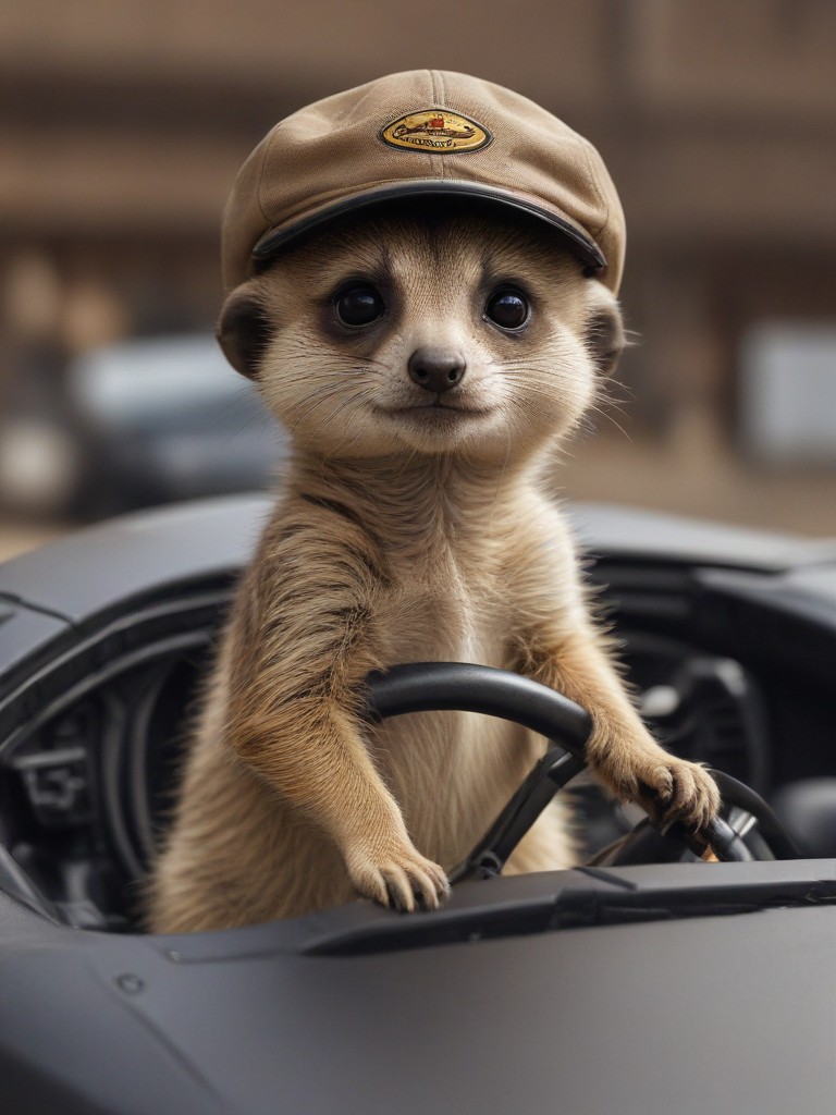 cartoon baby meerkat with a cap driving a Lamborghini