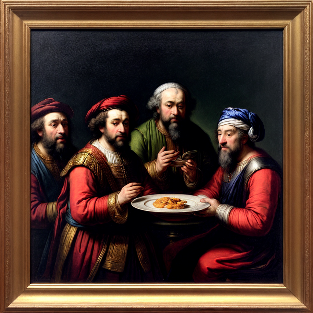 framed portrait picture of Belshazzar's Feast by Rembrandt（copy-right free)