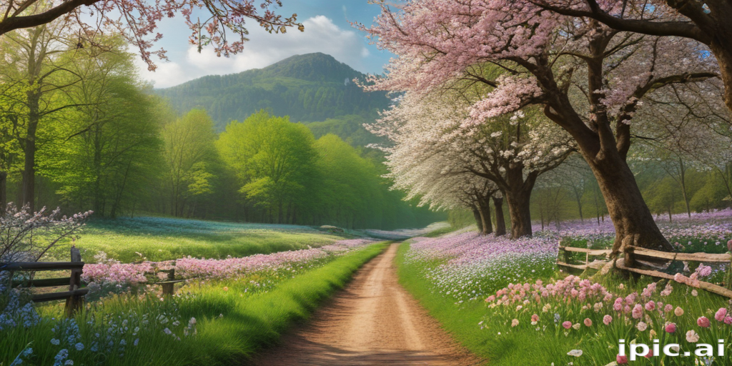 A Serene Spring Landscape with Blossoming Trees and Vibrant Wildflowers.