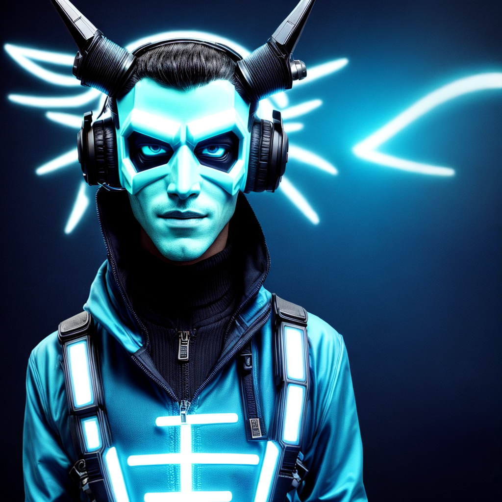 cyberpunk dj with goat mask/helmet, white cyan, profile pic
