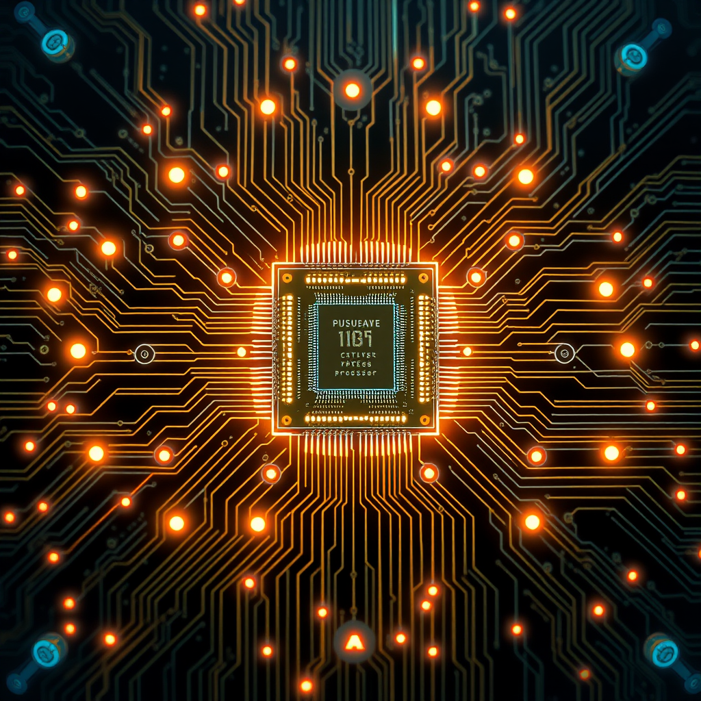 Intricate Circuit Board Design Featuring a Central Processor with ...