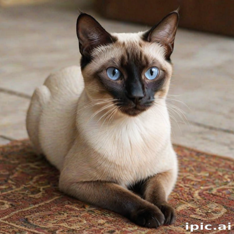 A Beautiful Siamese Cat Relaxing Comfortably on a Decorative Rug.