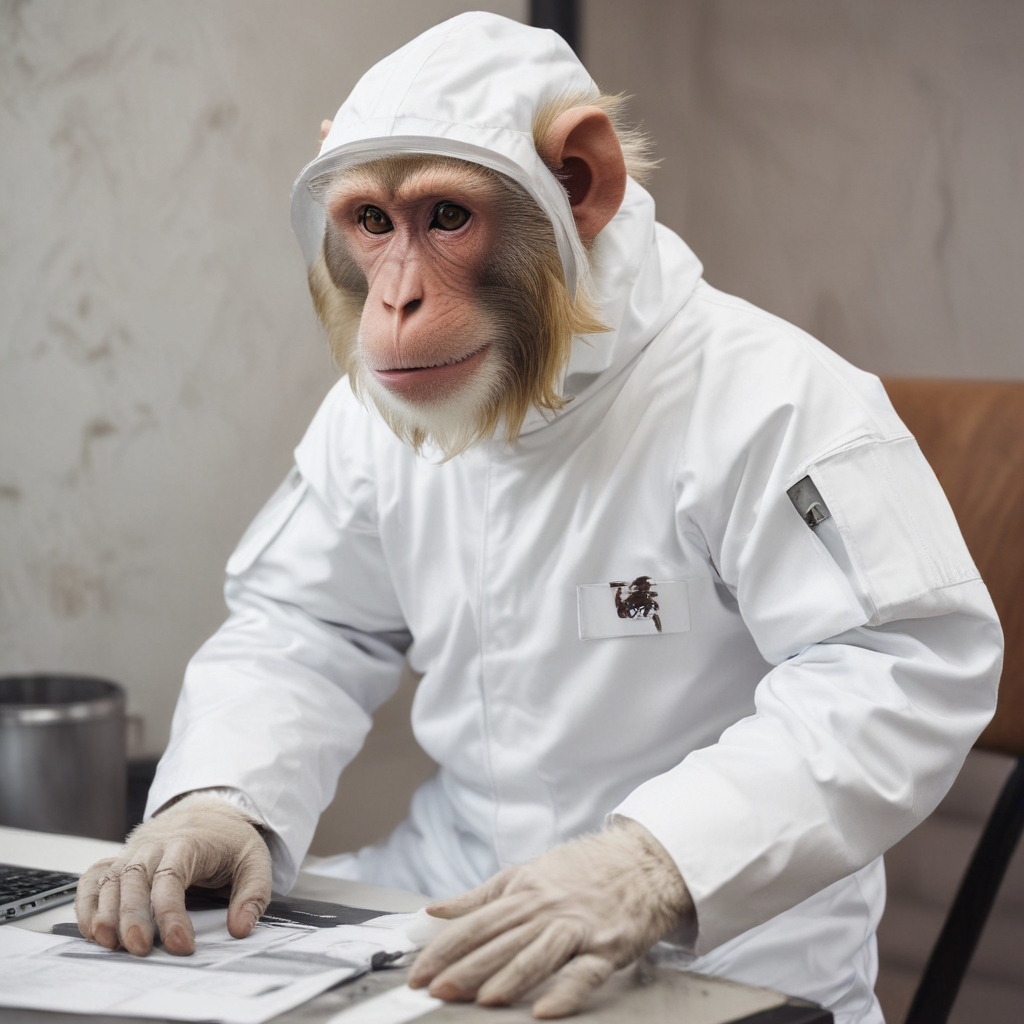 Monkey doing work with white hazmat suit