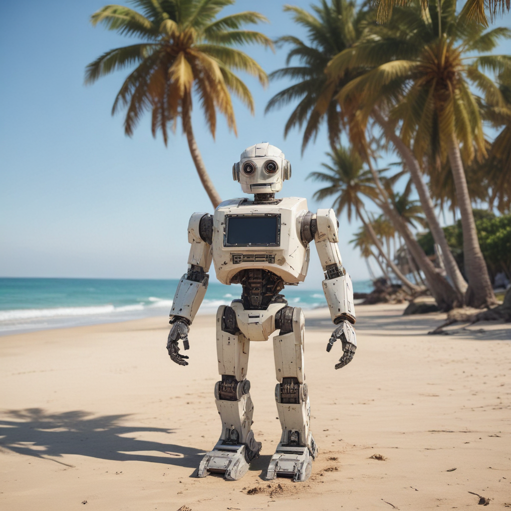 very pixelated robot on a beach with palm trees