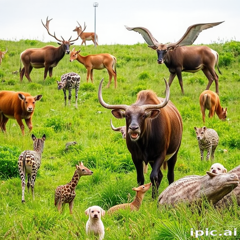 A Vibrant Gathering of Diverse Wildlife in a Lush Green Landscape