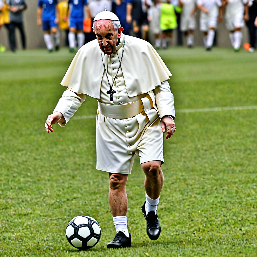 Pope Francis in shorts dribbles with a soccer ball