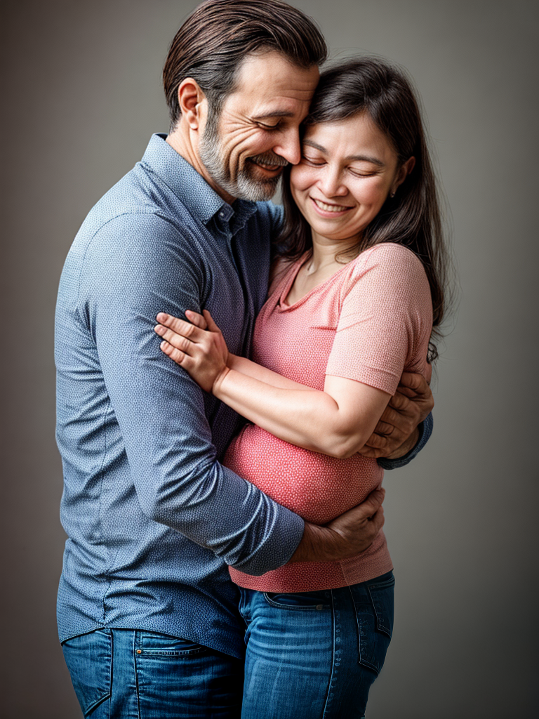 create a realistic picture of a father and mother hugging their baby ...