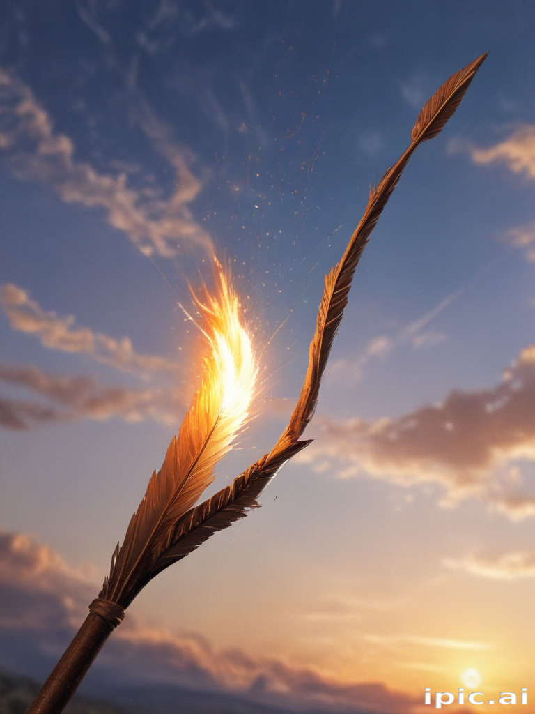 A Glowing Feather Quill Ignites Creativity Against a Majestic Sunset