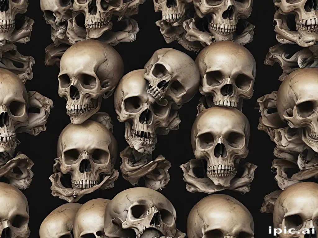 Intricate Arrangement of Human Skulls in a Dark Background Display