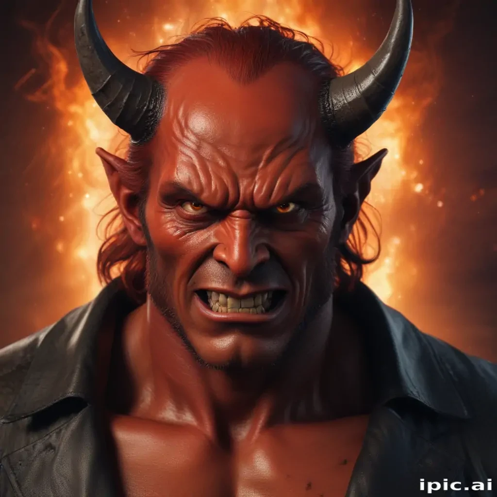 Intense Portrait of a Fiery Demon with Horns and Fiery Background