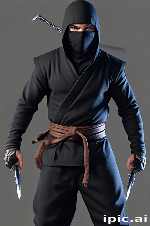 Dynamic Ninja Warrior Posing with Dual Daggers and Stealthy Aura