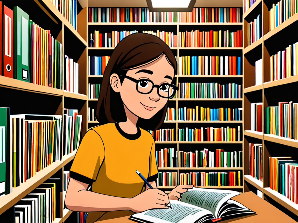 A Cartoon STUDENT READING IN A LIBRARY.