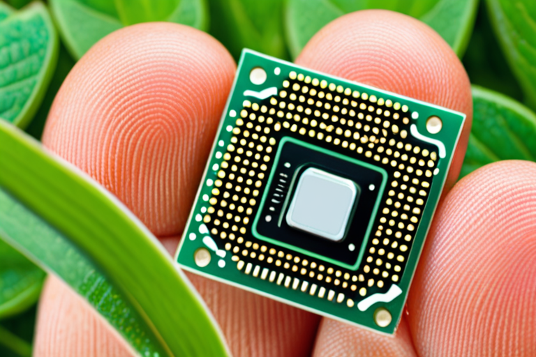 electronic chip in nose on a background of plants