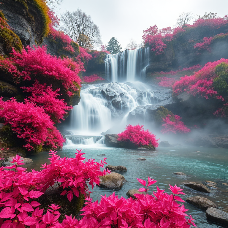 Enchanting Waterfall Surrounded by Vibrant Pink Blossoms and Lush Greenery