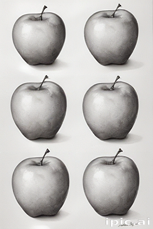 Six Realistic Pencil Drawings of Apples Displayed in a Grid Pattern