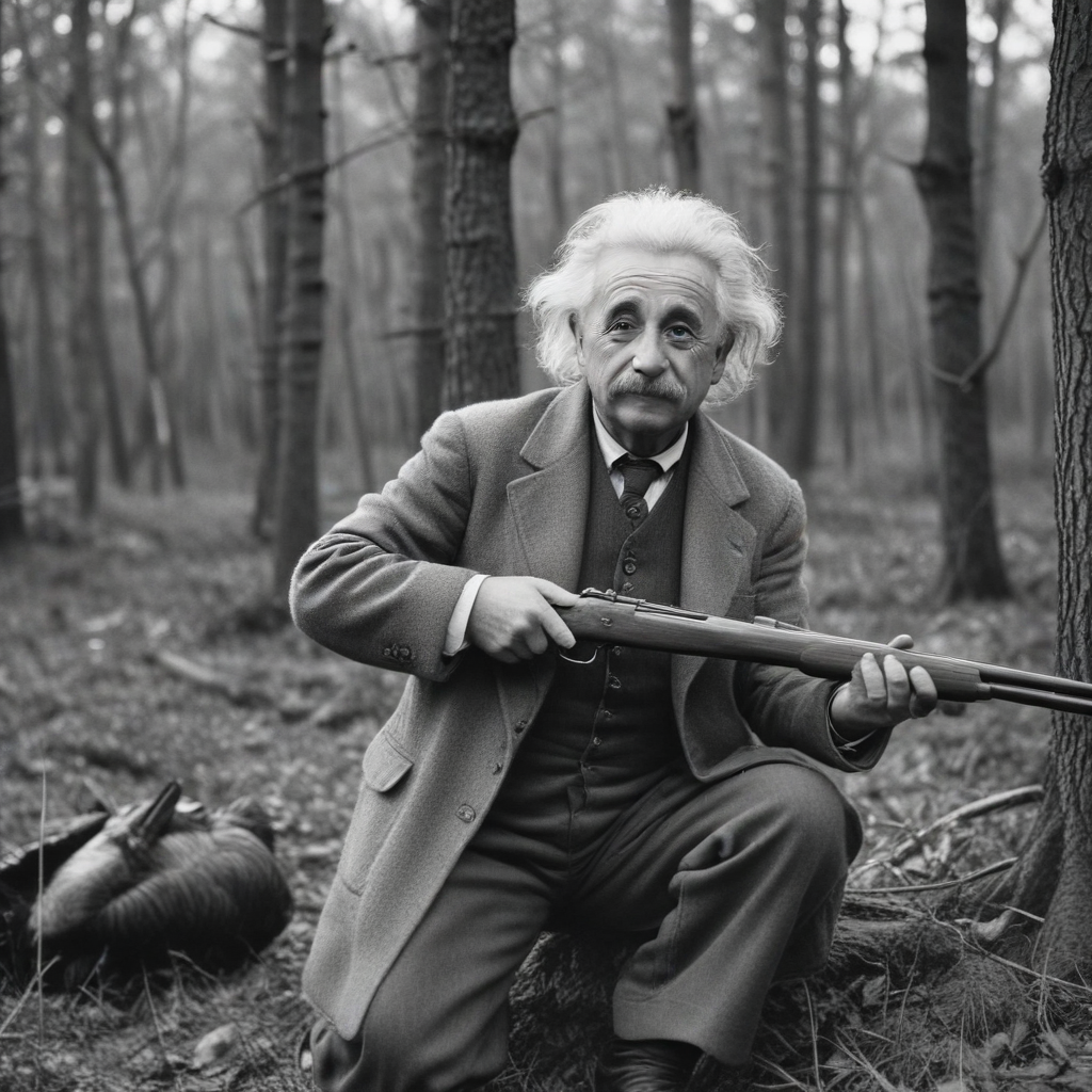 Albert Einstein with rifle shooting turkey hunt in forest black and white