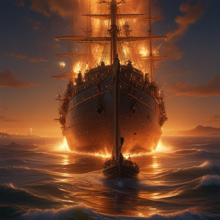 A Fiery Sunset at Sea: A Majestic Ship in Flames