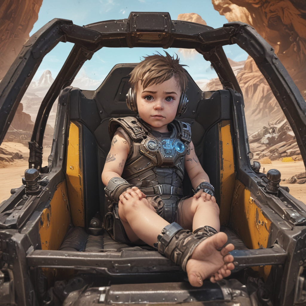 baby in armor driving in the seat at the center of the circular cyclone ...