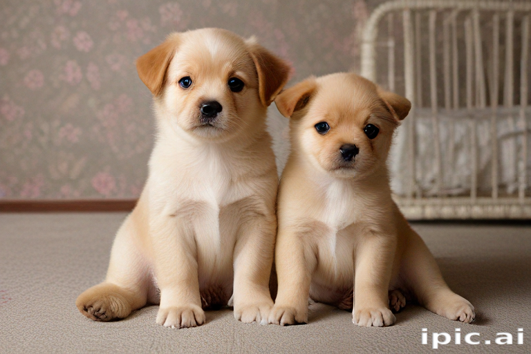 Two Adorable Puppies Sitting Together in a Cozy Indoor Setting.