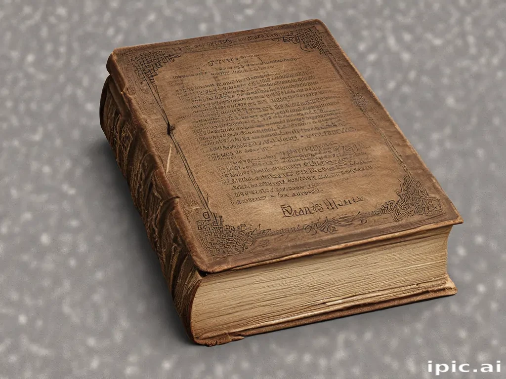An Ancient Leather-Bound Book with Intricate Cover Designs and Text