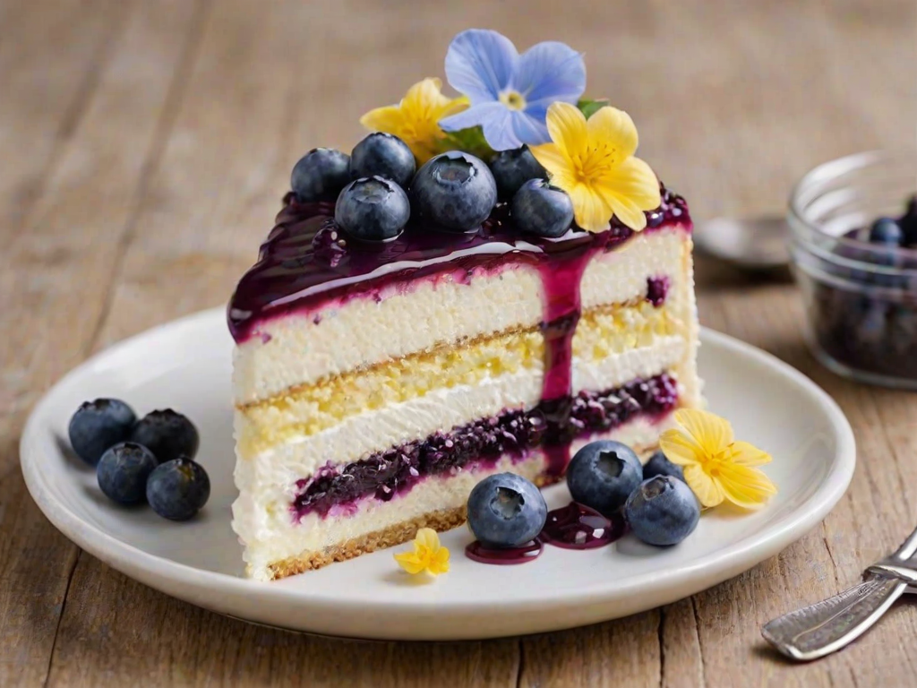 Delicious Slice of Blueberry Cake Topped with Fresh Berries and Flowers.