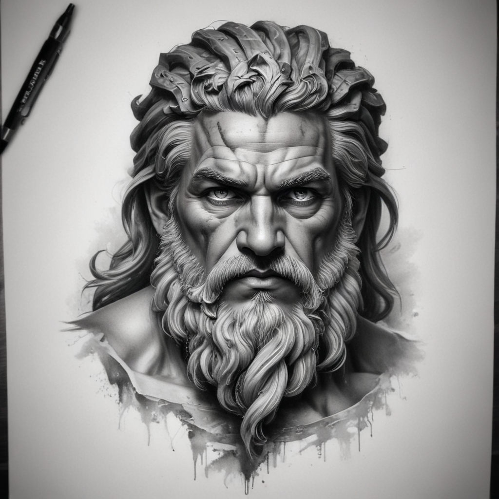 super detailed realistic tattoo sketch of Zeus