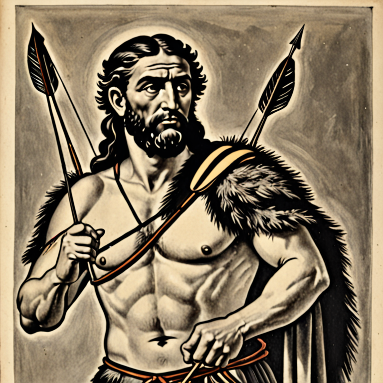 A portrait of Philoctetes with arrows and bow
