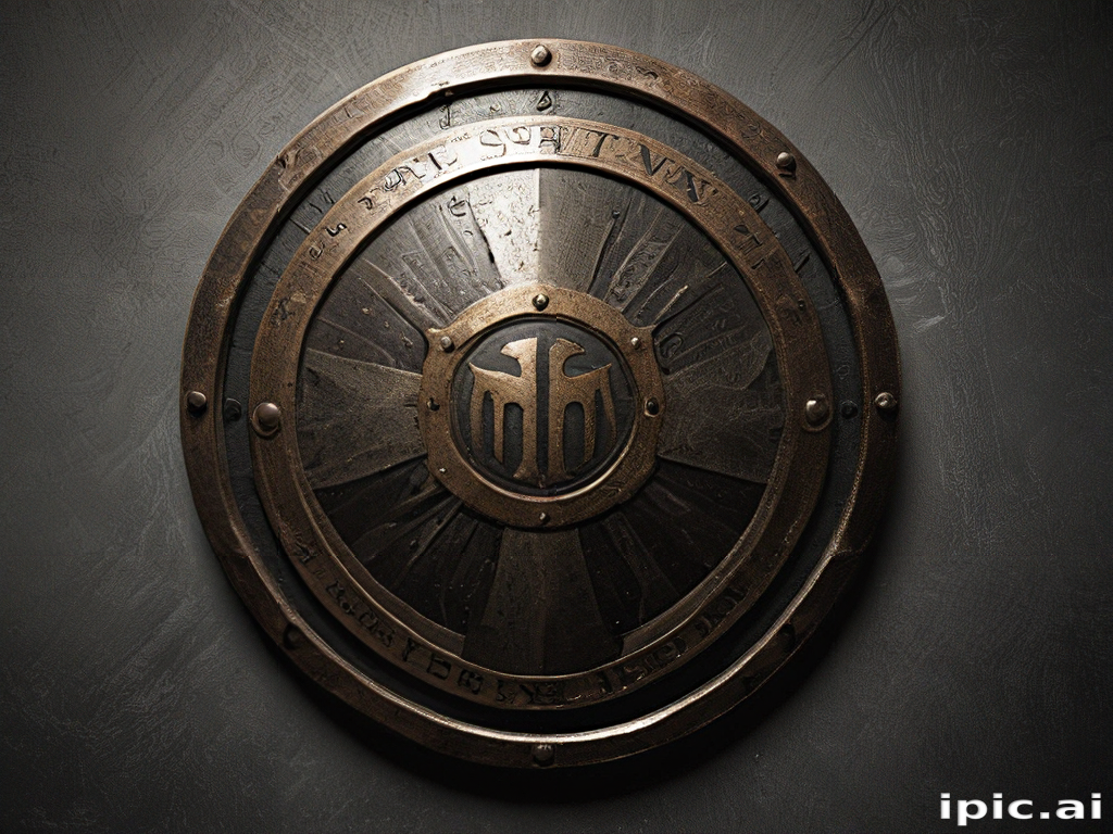 A Detailed Metal Shield with Intricate Design and Symbolic Inscription.