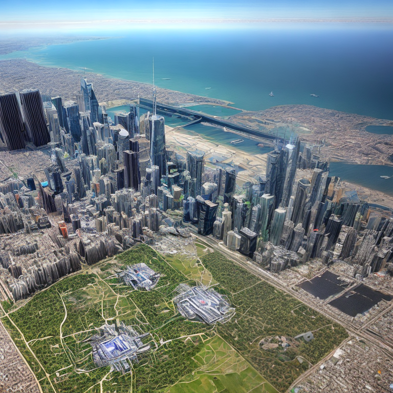 advanced alien civilization, semi-aerial view, busy city, flying ...