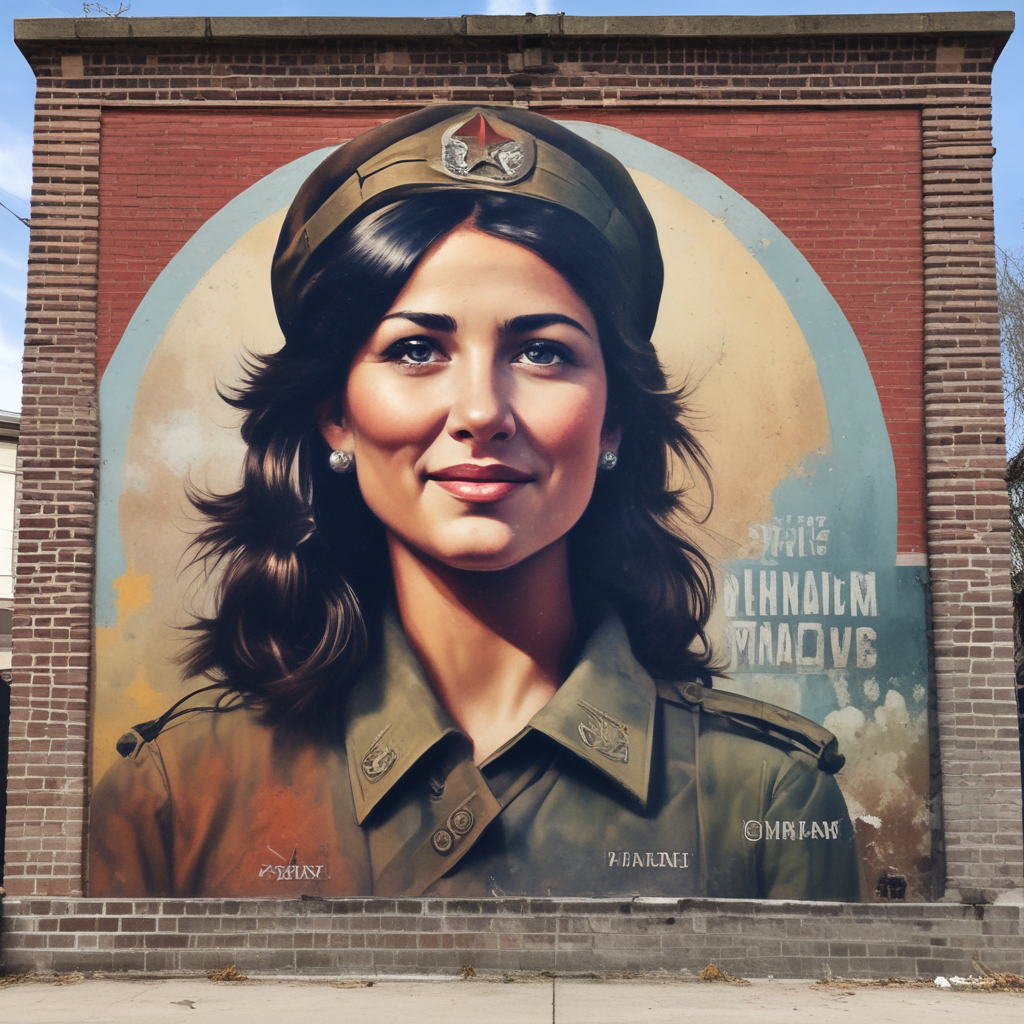 faded and worn Soviet military power style propaganda mural on a ...