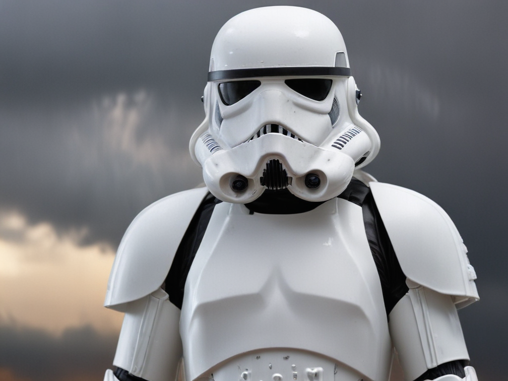 Stormtrooper Standing Heroically Against a Dramatic Cloudy Sky Background