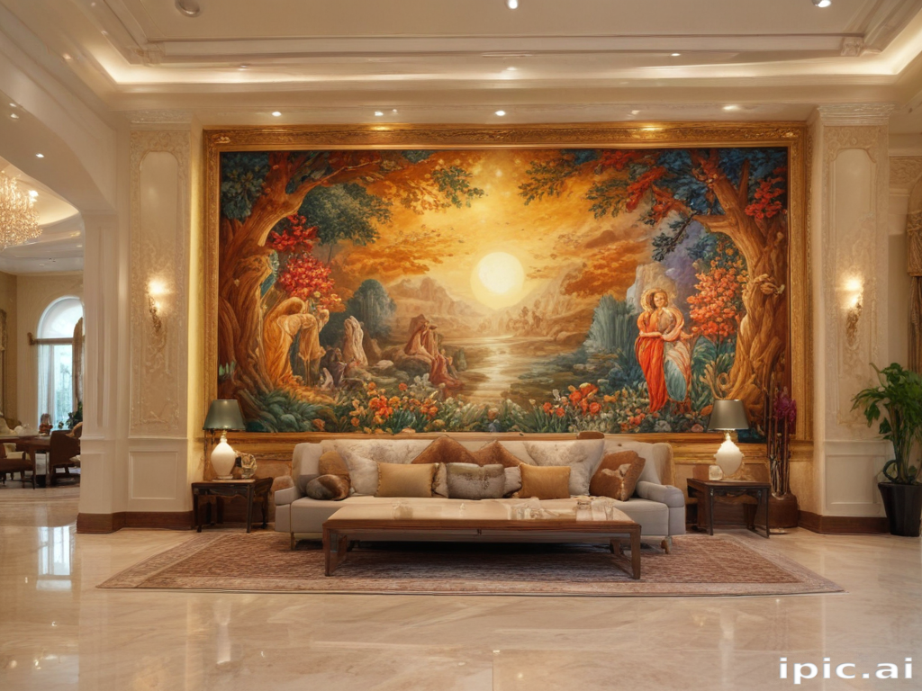 Elegant Living Room Featuring a Stunning Mural of Nature and Harmony