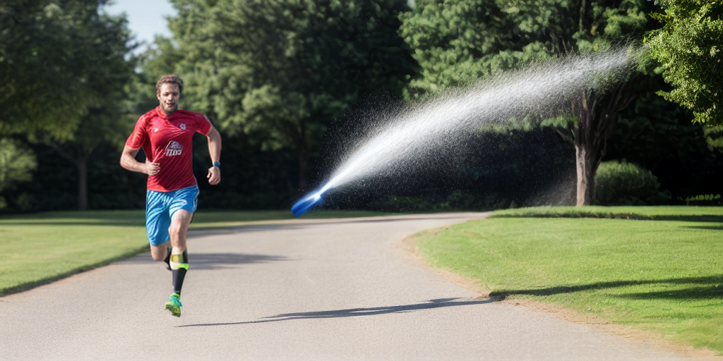 Man running with hose pipe tangled around his head