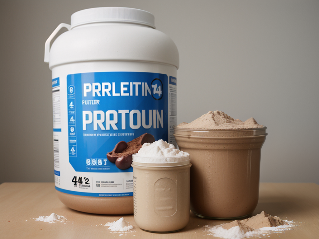 Variety of Protein Powders Displayed with Large Container and Smaller Jars