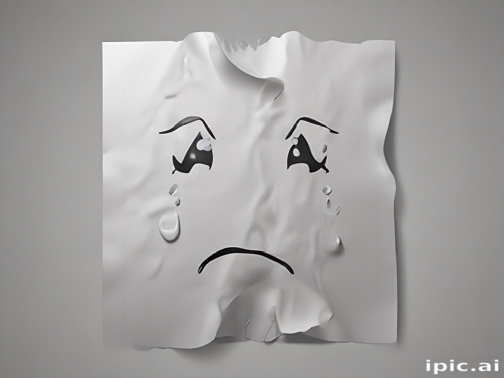 Crumpled Paper Expressing Sadness with Tears and a Frowning Face